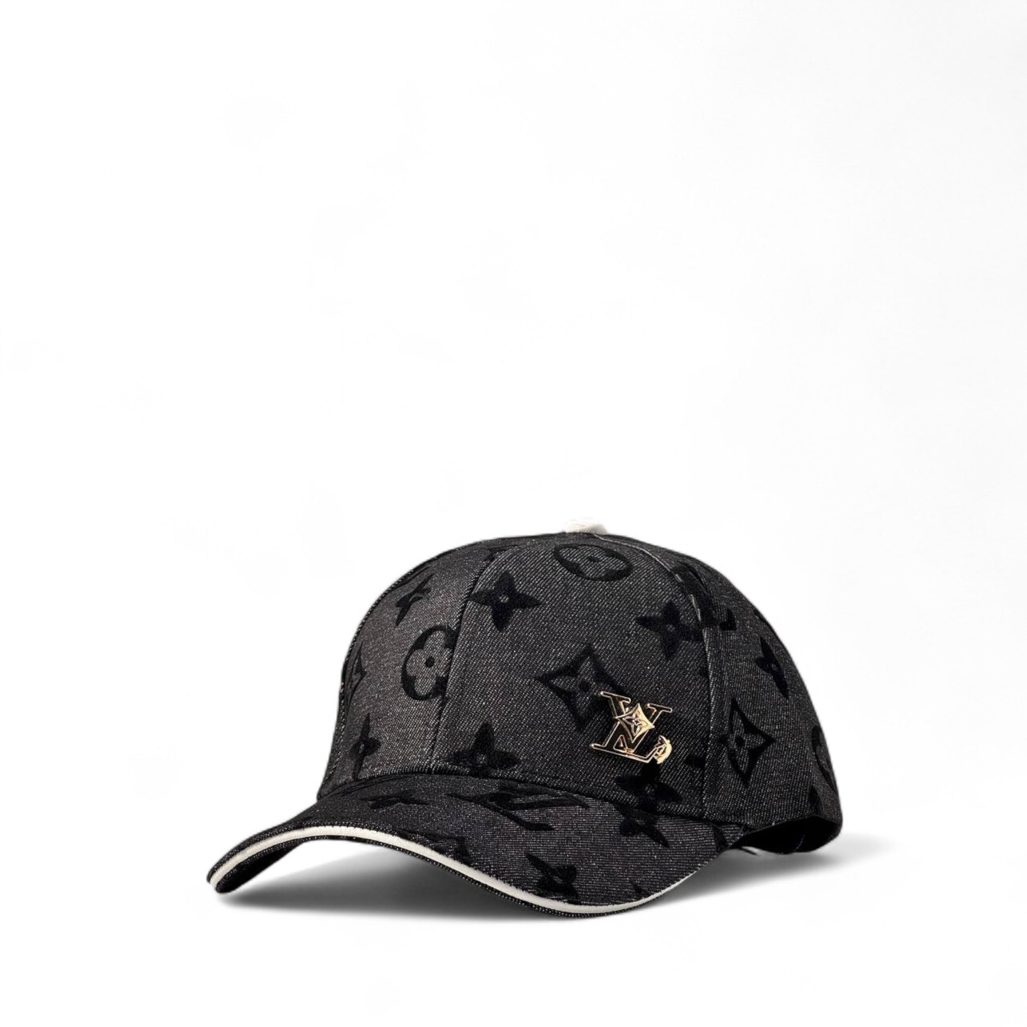 Louis Vuitton Black Denim Monogram Cap with Gold LV Logo 🖤 – MASTERPIECE