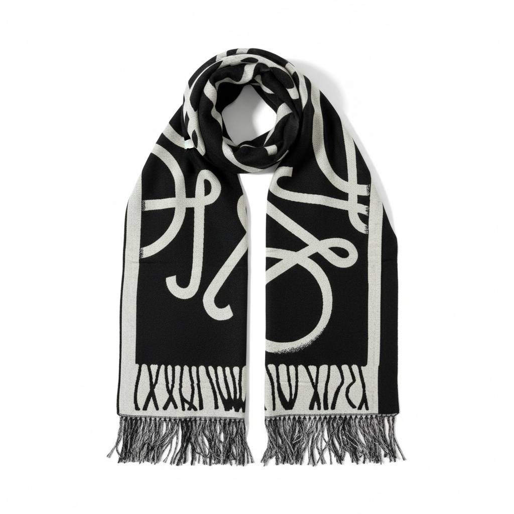 Loewe Inspired Black Graphic Wool Cashmere Scarf Elegant Statement Des ...